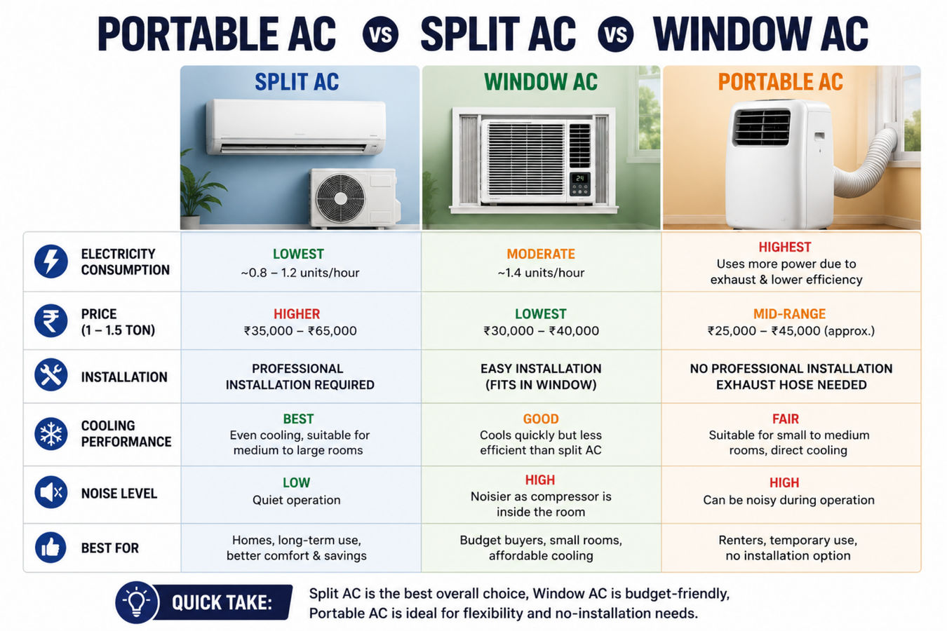 Portable AC vs split AC vs window AC: Electricity consumption, price ...
