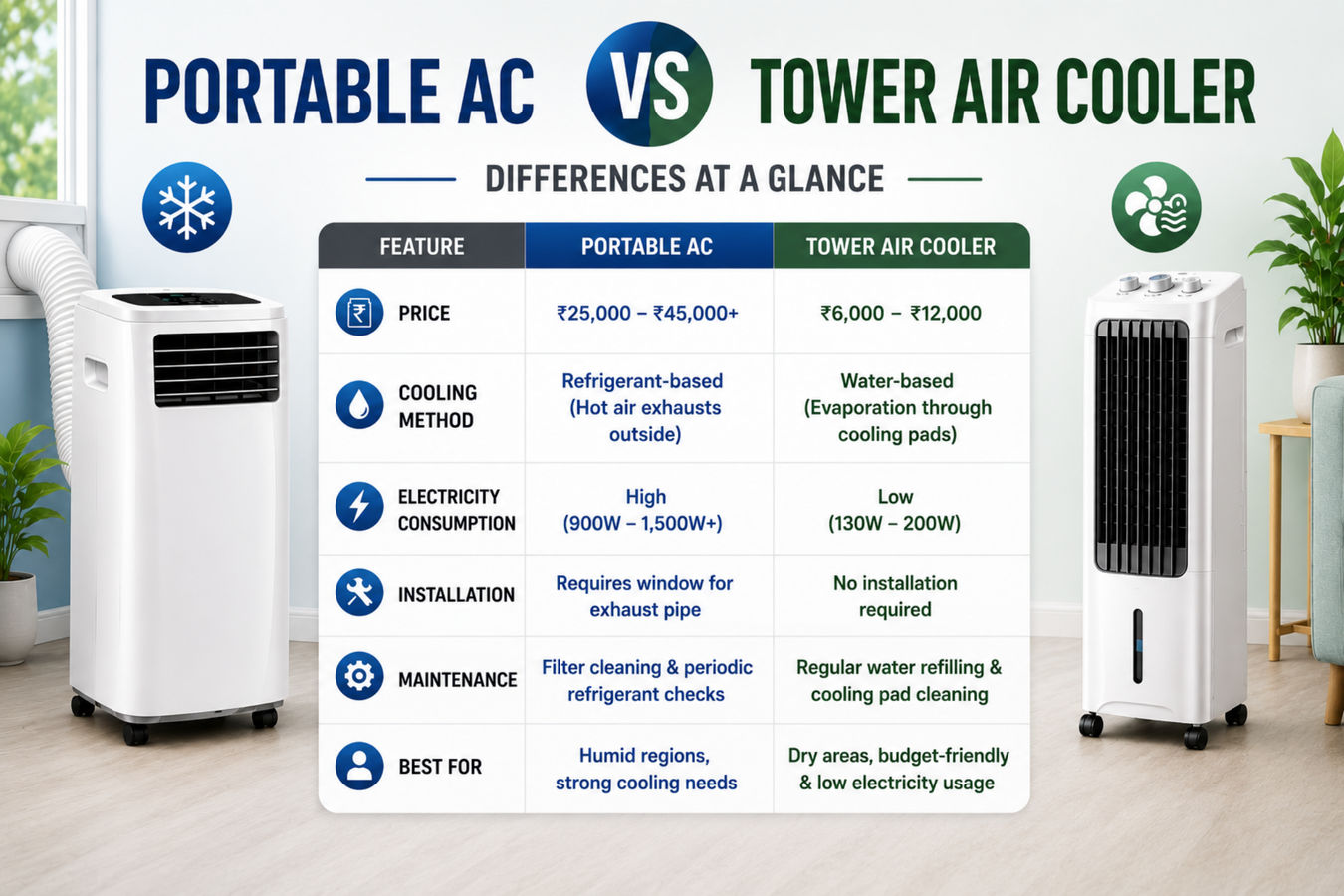 Portable AC vs tower air cooler: Price, cooling performance, energy ...
