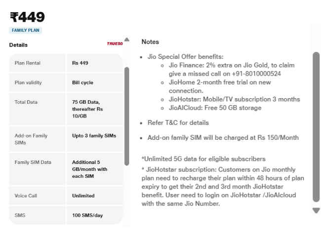 Jio ₹449 Family Plan: ರಿಲಯನ್ಸ್ ಜಿಯೋ ಕೇವಲ ₹449 ರೂಗಳ ಒಂದೇ ರಿಚಾರ್ಜ್‌ನಲ್ಲಿ 4 ನಂಬರ್ ಬಳಸಬಹುದು!