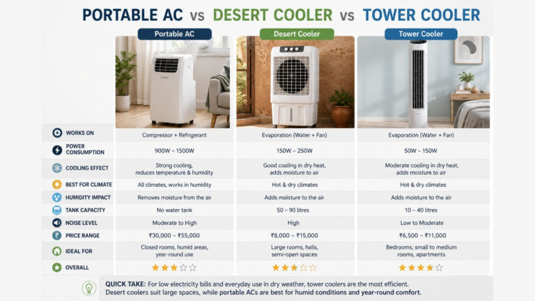 Portable AC vs Desert vs Tower Air Coolers: Which one takes less ...