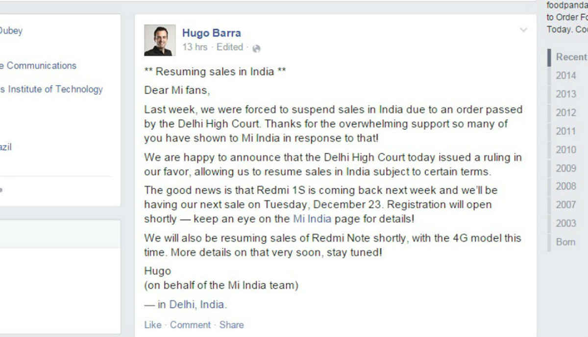 Xiaomi Redmi 1S coming back to India on Dec 23, Redmi Note 4G to follow ...