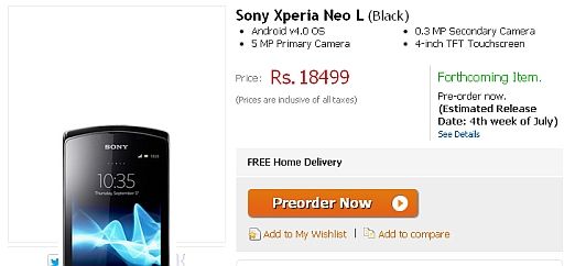 Sony Xperia Neo L up for pre-order at Rs. 18,499