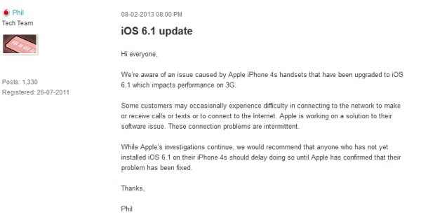 Vodafone U.K. asks customers to not upgrade iPhone 4S to iOS 6.1