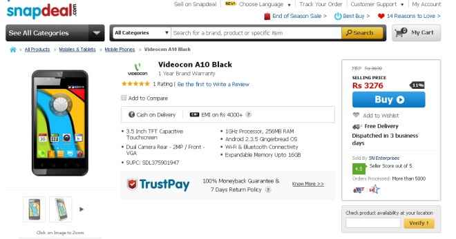Videocon A10, dual-SIM Android smartphone available online for Rs. 3,276